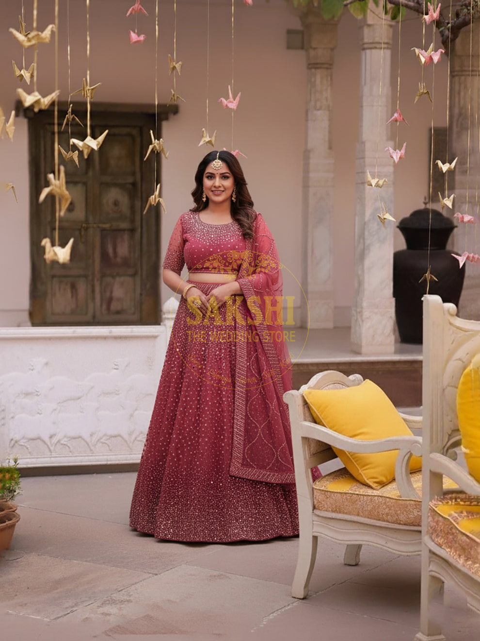 Gajri Pink Mirror Work Lehenga – SAKSHI - The Wedding Store
